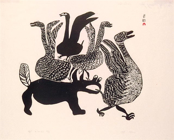 Pitseolak Ashoona | Wolf Chasing Geese (1963) | MutualArt