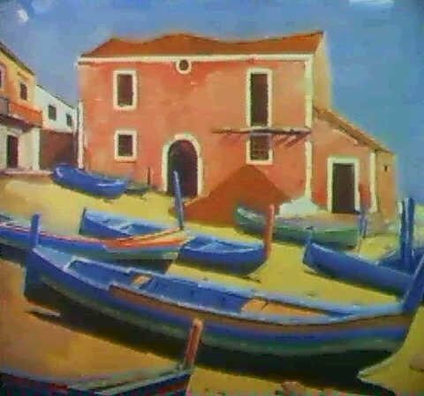 Franz Lerch | BLAUE BOOTE VOR ROTEM HAUS | MutualArt