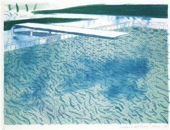 Hockney David | Lithograph of Water made of thick and thin lines and ...