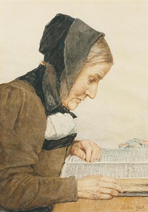 Albert Anker | Grandfather reading the newspaper (1907) | MutualArt