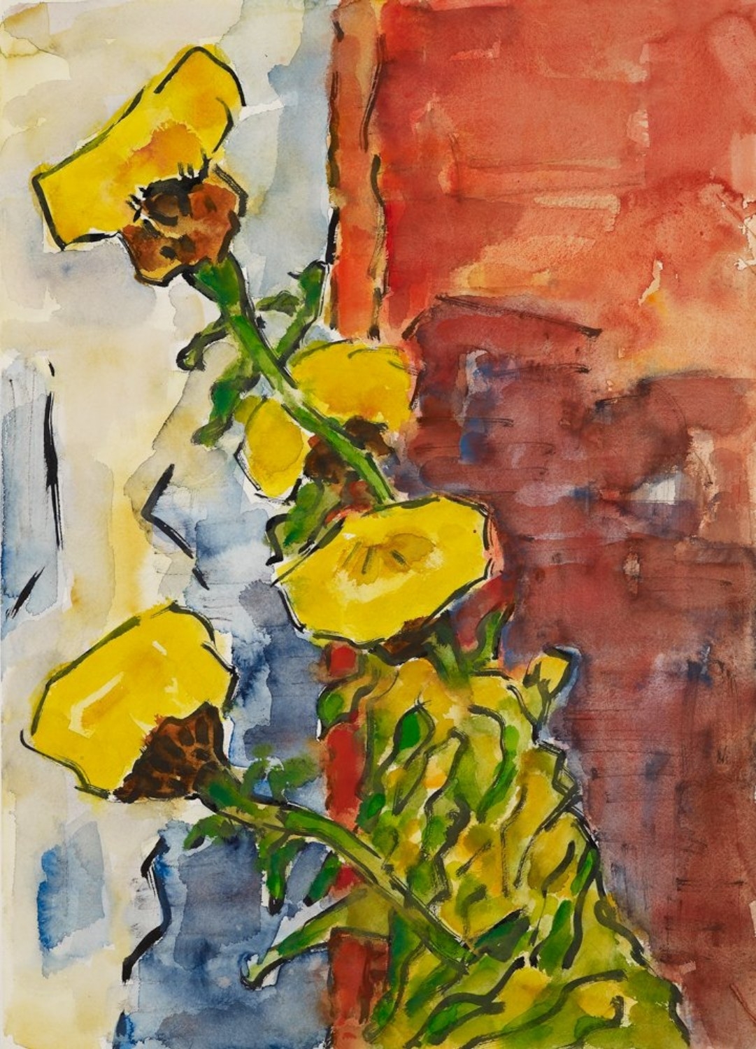 Karl Schmidt-Rottluff | Gelbe Blumen vor rotem Vorhang (1969) | MutualArt