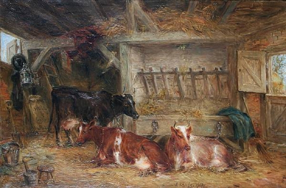 Edwin Frederick Holt | Cattle resting in a barn | MutualArt