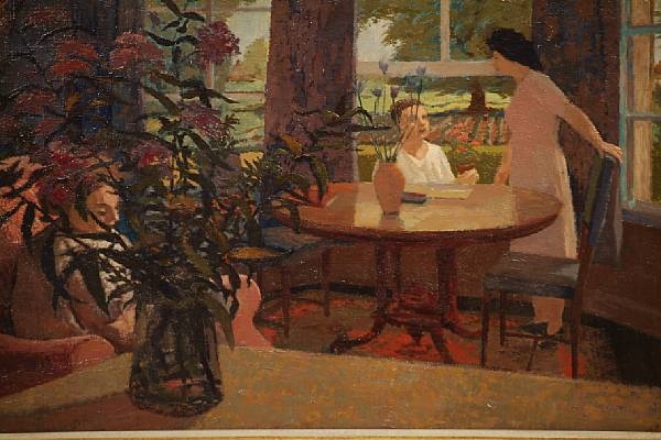 John Elwyn | Interior with figures and vase of flowers | MutualArt