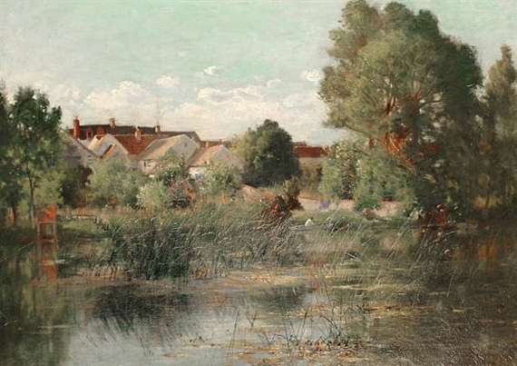 Ernest Parton | A riverside village | MutualArt