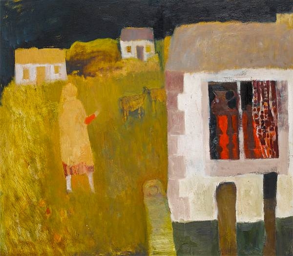 Mary Newcomb | Village with a figure and goats (1963) | MutualArt