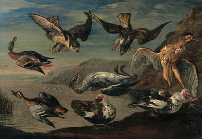 Jan van Kessel | Birds of prey attacking herons and ducks by a pond ...