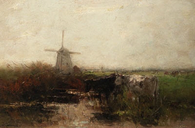 Willem Maris | Watering cows near a windmill | MutualArt