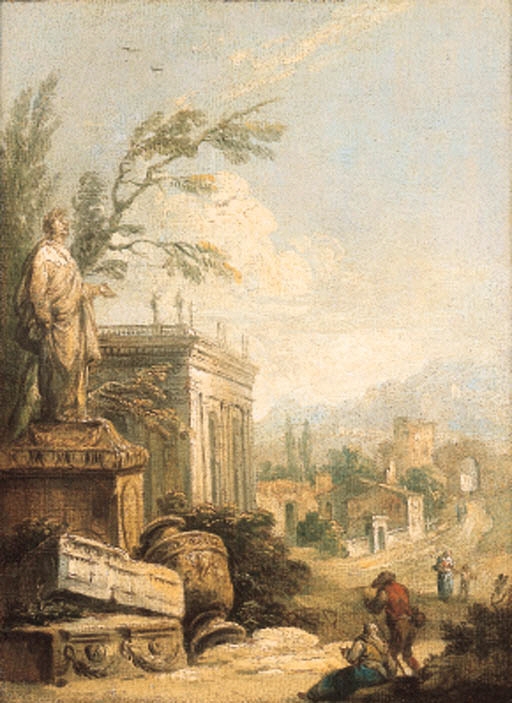 Zais Giuseppe | Due contadini presso un vaso antico, con rovine ...