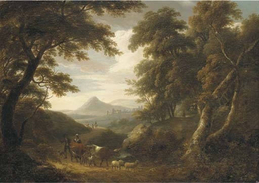 William Ashford | A wooded landscape, with figures and livestock on a ...