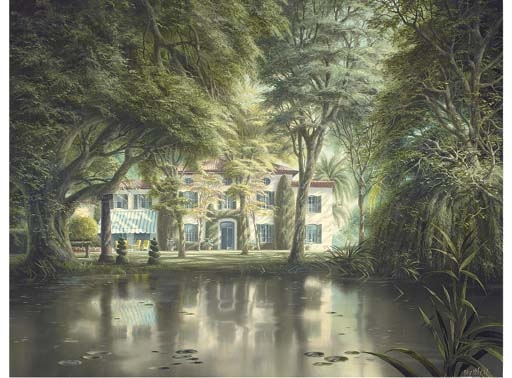 Felix Kelly | VIEW OF A COUNTRY HOUSE WITH A BRIDGE AND URNS IN THE ...