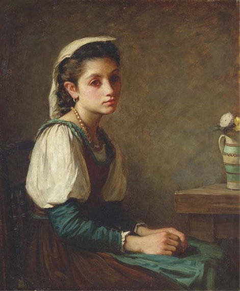 John William Waterhouse | Portrait of a young girl, seated, with a vase ...