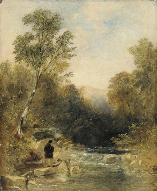 Thomas Creswick | An angler on the bank of a rocky river | MutualArt