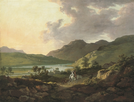 William Ashford | A mountainous lake landscape with travellers on a ...