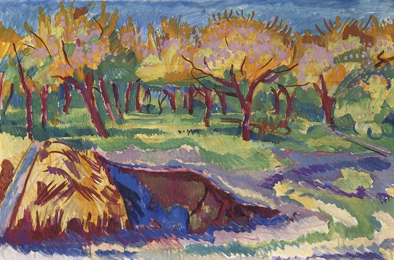 Johan Dijkstra | A sunlit orchard (recto); Trees along the meadows ...