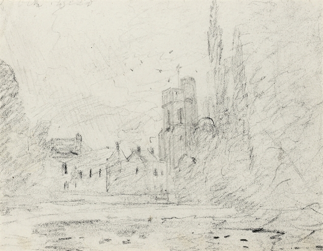 John Constable | A landscape with buildings and a tower seen over water ...