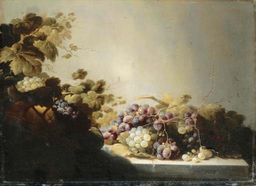 Roelof Koets | Grapes on a stone ledge with citrus fruits in a basket ...