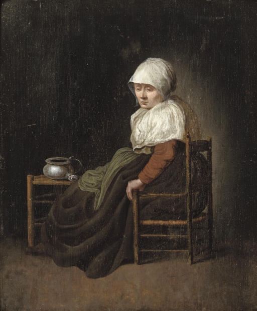 Jacobus Vrel | A woman seated in a chair by a stool with a pewter pot ...