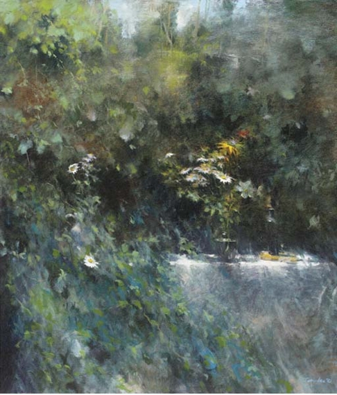 Terry Lee | Summer flowers in a glass vase on a garden table | MutualArt