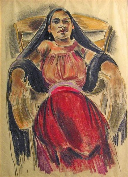 Doris Rosenthal | Seated woman in a red dress and a black wrap | MutualArt