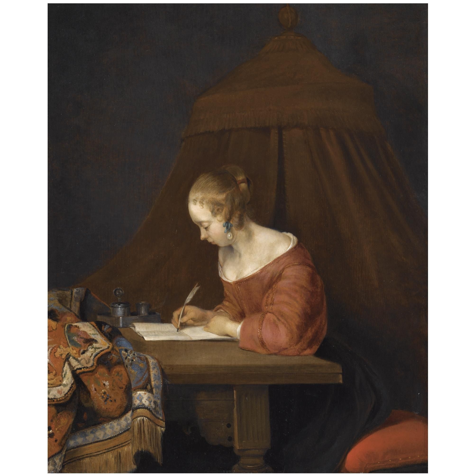 Gerard Terborch | a young lady writing at her desk | MutualArt