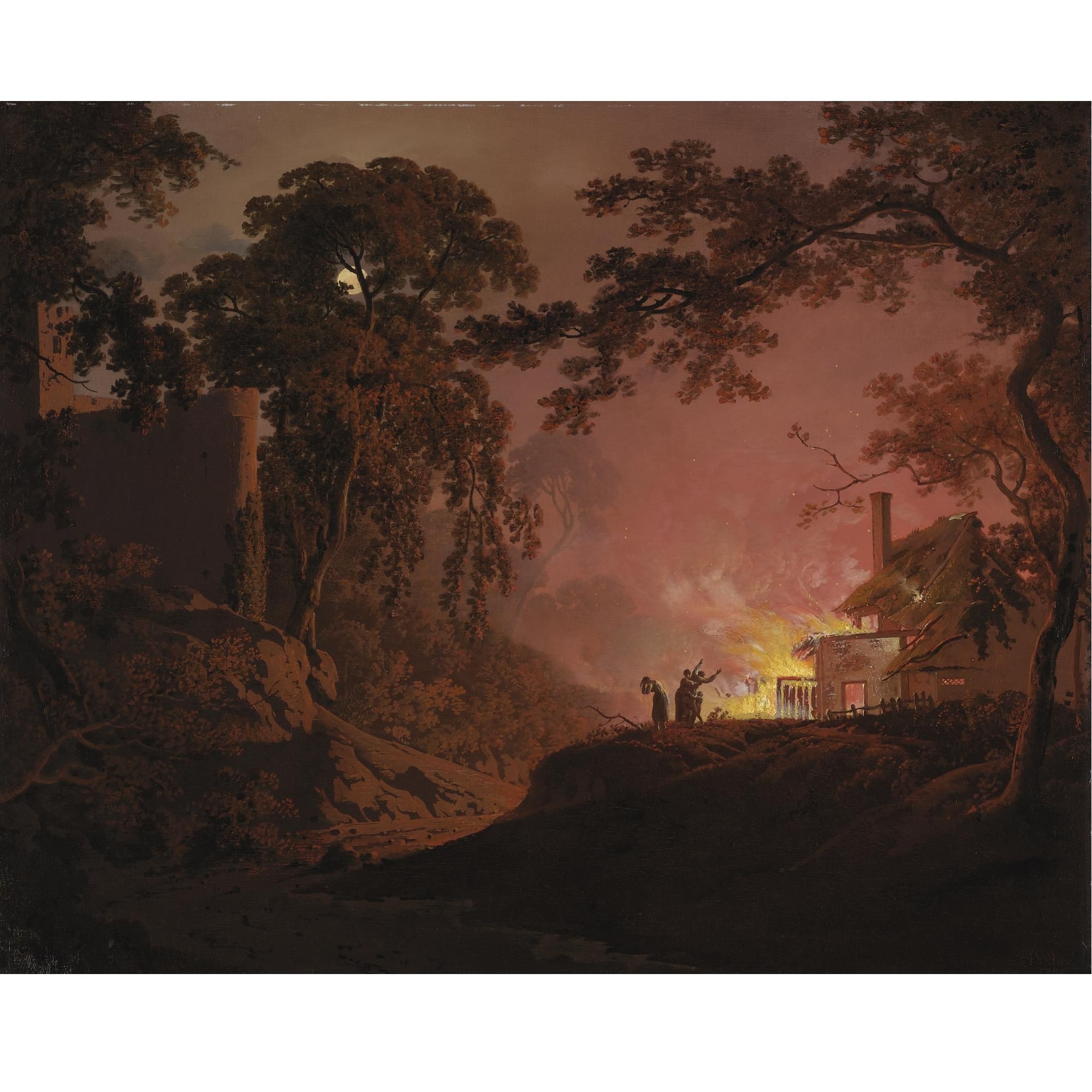 Joseph Wright of Derby | A Cottage on Fire: a moonlit landscape with ...