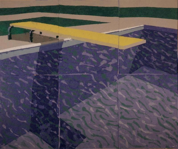 David Hockney | DIVING BOARD WITH STILL WATER ON BLUE PAPER | MutualArt