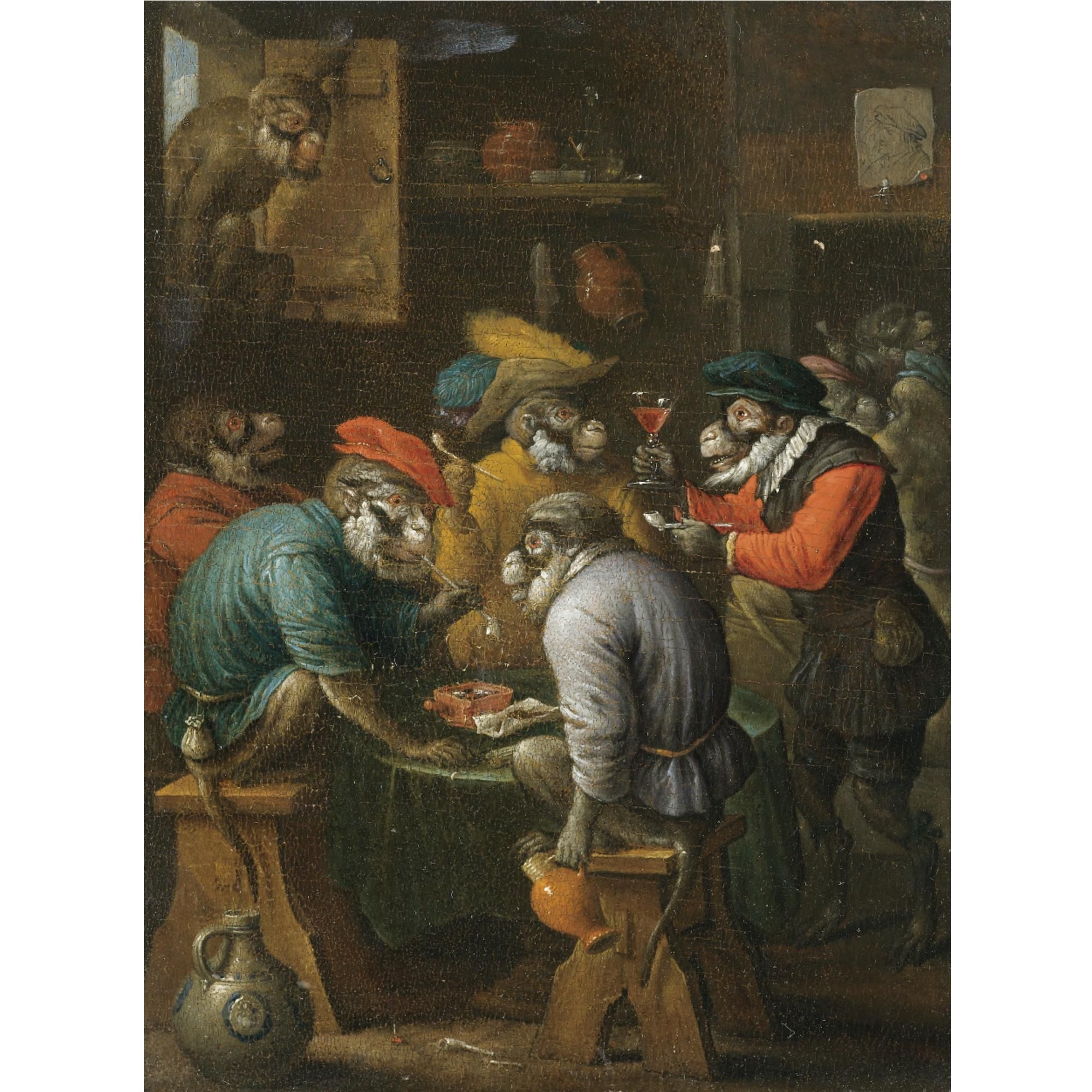 David Teniers the Younger | A singerie scene with monkeys drinking and ...