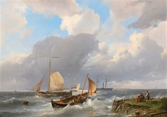 Hermanus Koekkoek the Elder | figures at work on a shipyard | MutualArt