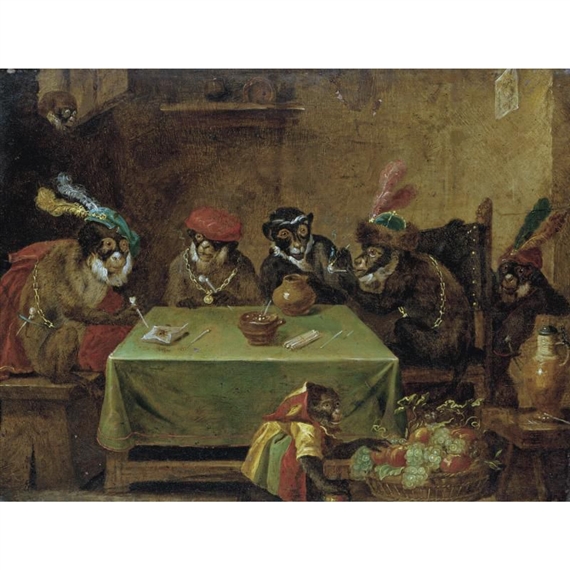 David Teniers the Younger | A singerie with monkeys smoking at a table ...