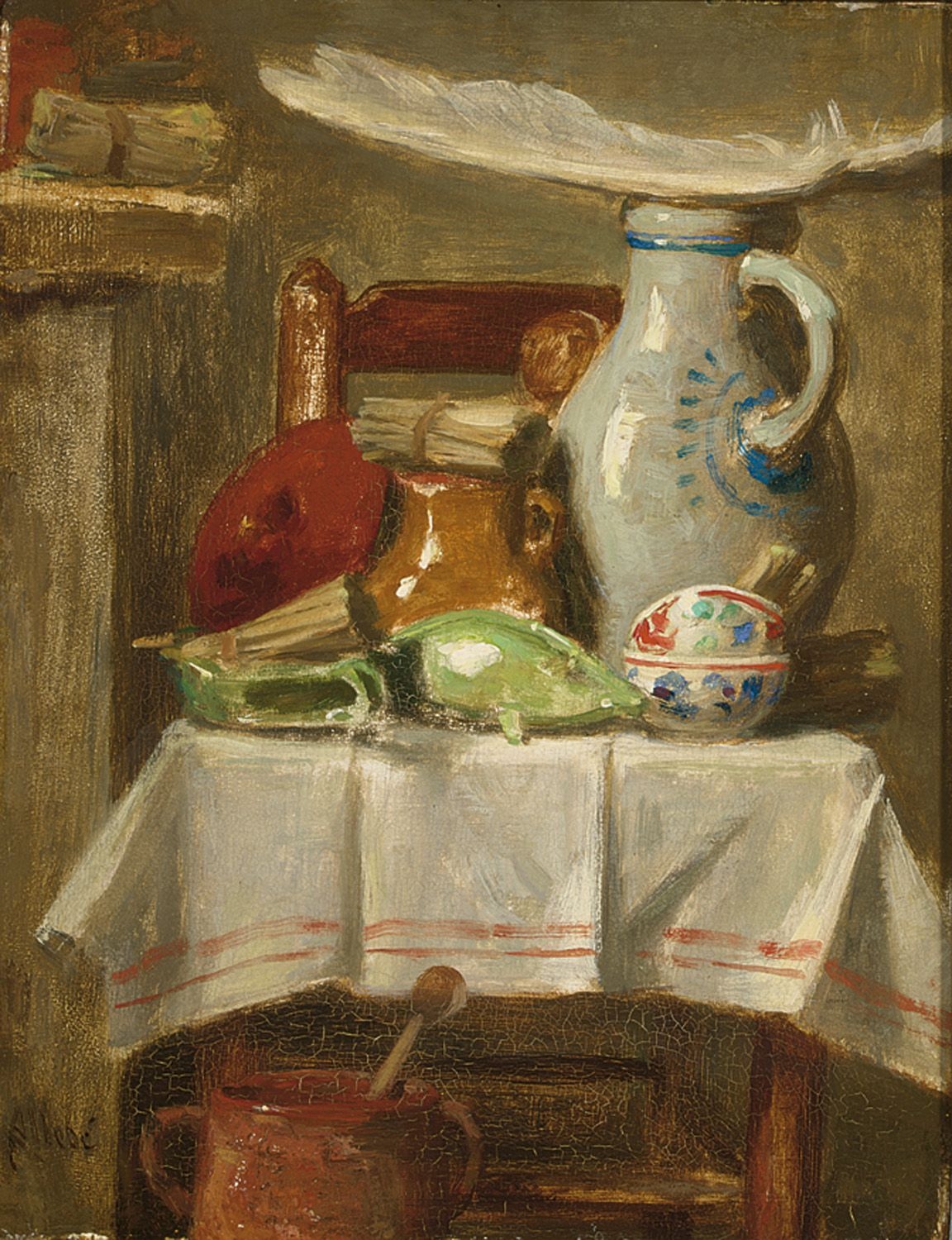 August Allebé | a still life with stoneware jugs and a feather on a ...