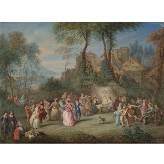 Jean-Antoine Watteau | A fête galante in a landscape below a hilltop ...