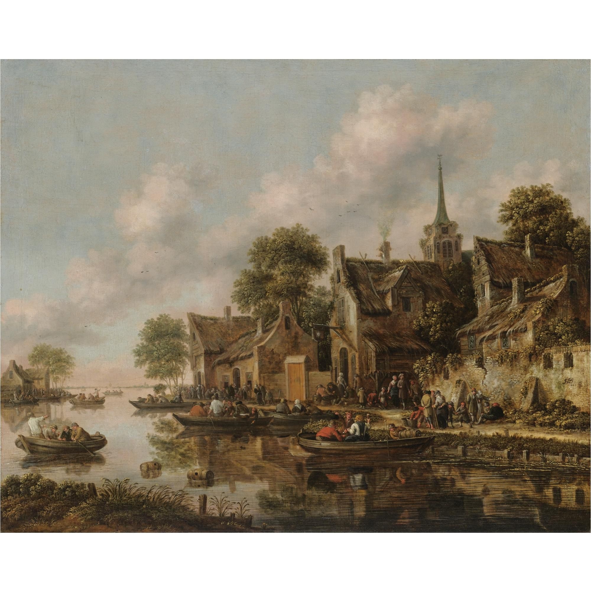 Thomas Heeremans | A river landscape with figures in boats moored beside a village | MutualArt