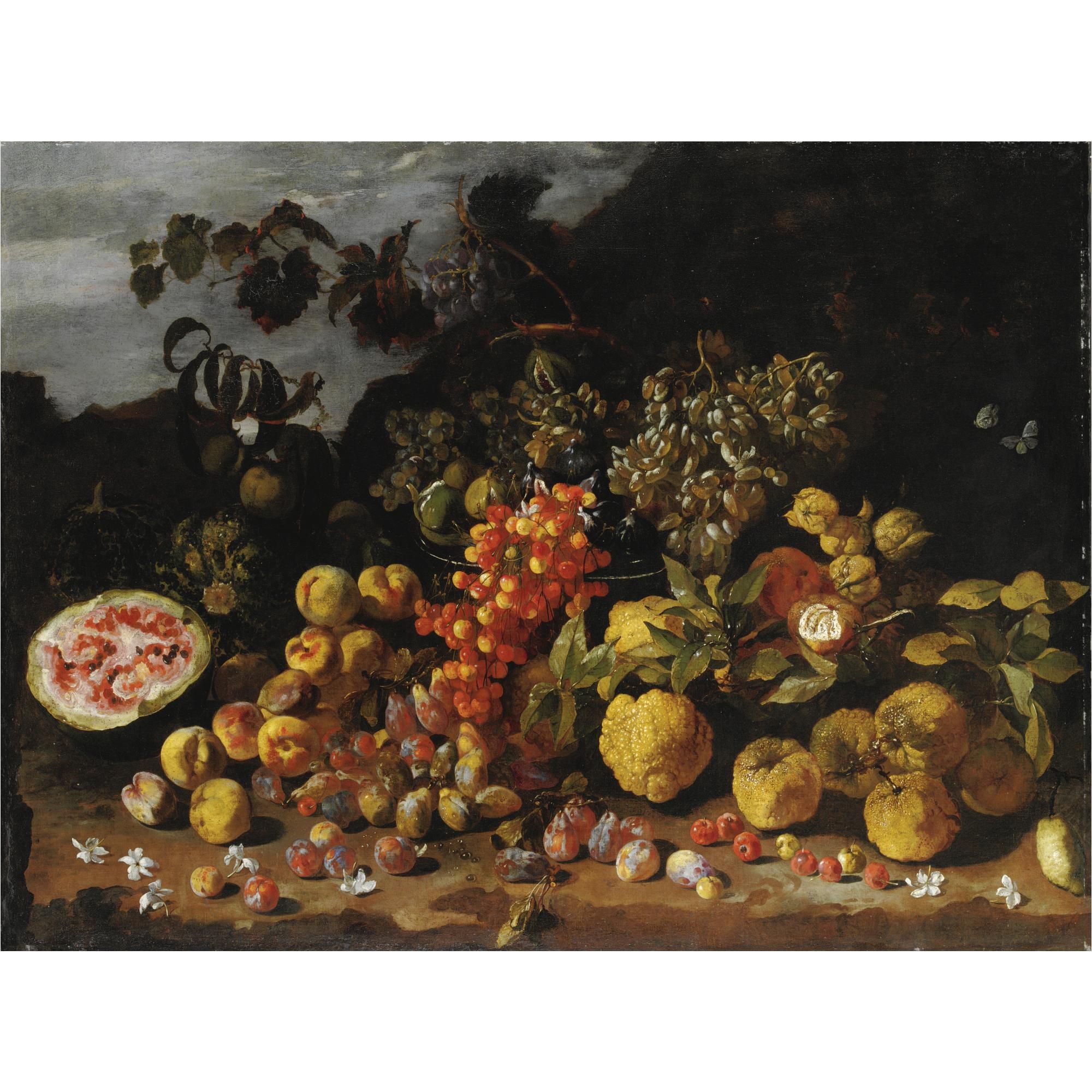 Luca Forte | Natura morta di frutta con prugne, ciliegie, anguria e uva ...