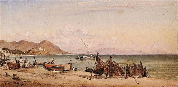 Edward William Cooke | SALERNO, DRYING NETS, MOUNTAINS OF PAESTUM IN ...