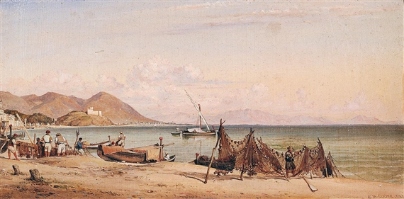 Edward William Cooke | SALERNO, DRYING NETS, MOUNTAINS OF PAESTUM IN ...