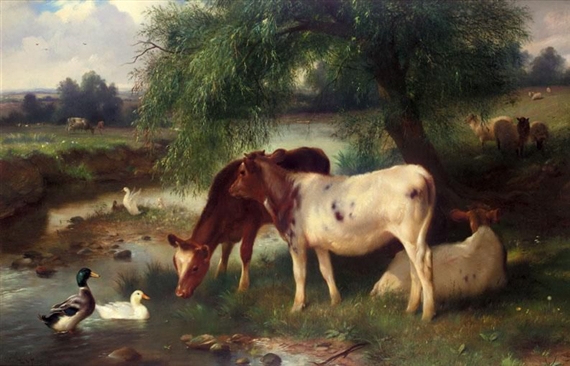 Walter Hunt | CALVES AND MALLARDS AT A STREAM | MutualArt
