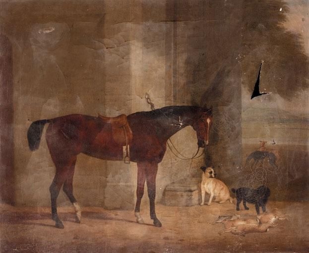 James Loder | A BAY HUNTER OUTSIDE A HOUSE WITH A BULL TERRIER, A ...
