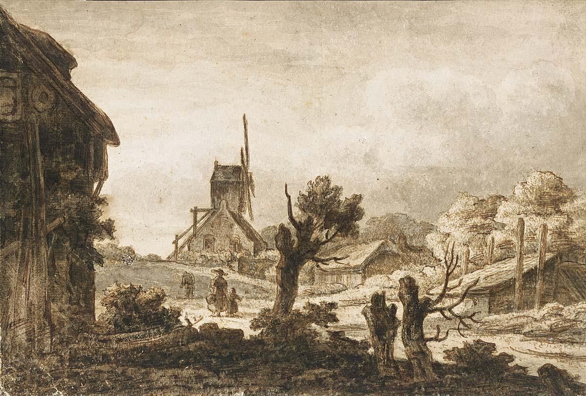 Doomer Lambert | VILLAGE LANDSCAPE WITH FIGURES ON A ROAD, AND A MILL ...