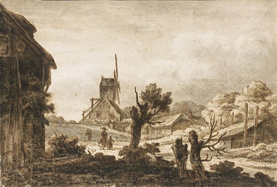 Doomer Lambert | VILLAGE LANDSCAPE WITH FIGURES ON A ROAD, AND A MILL ...