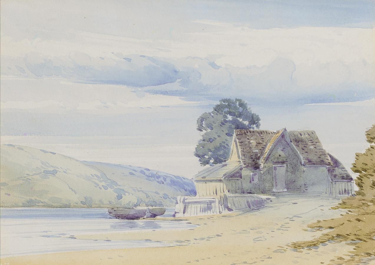 John Callow | A COTTAGE BY A LAKE WITH HILLS BEYOND | MutualArt