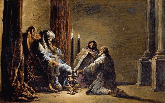 Leonaert Bramer | THE SCRIBE SHAPHAN READING THE BOOK OF LAW TO KING ...