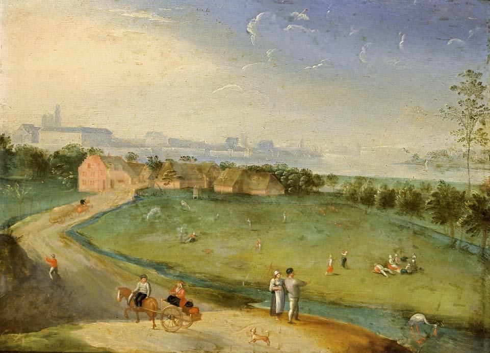 Jacob Grimmer | AN EXTENSIVE LANDSCAPE WITH FIGURES ON A MEADOW NEAR A ...