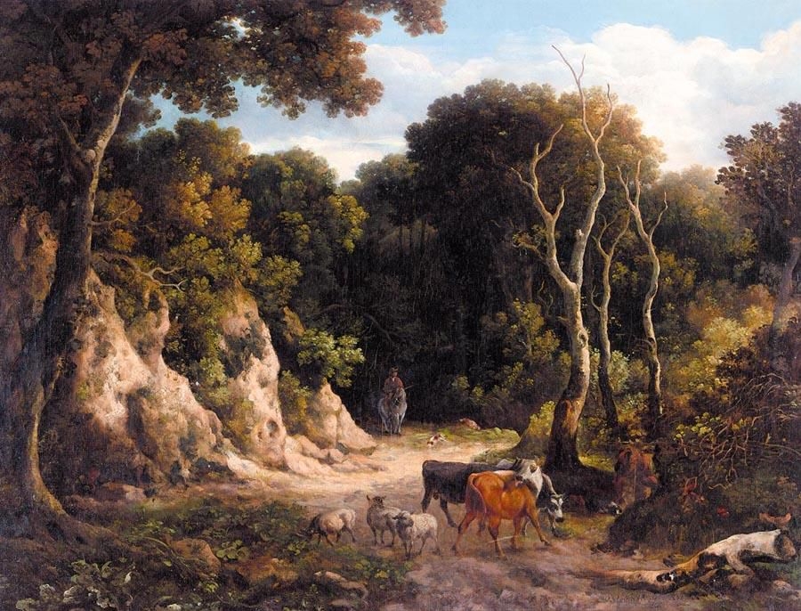 Philip Reinagle | A WOODED LANDSCAPE WITH CATTLE AND SHEEP ON A PATH ...