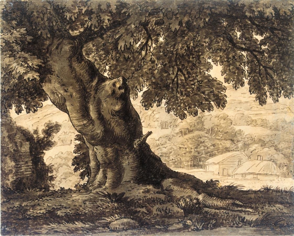 Alexander Cozens | AN OAK TREE WITH COTTAGES BEYOND | MutualArt