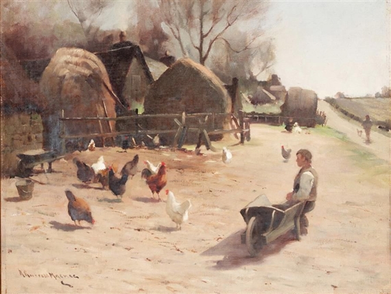 Robert Russell MacNee | A Farmboy with Hens | MutualArt