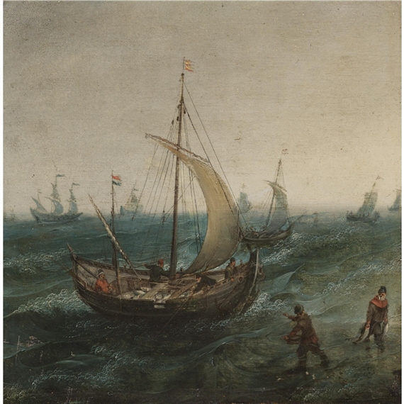 Cornelis Vroom | Fishermen and their boats in stormy seas | MutualArt