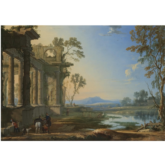 Pierre Patel | A landscape at evening with travellers and a hunter near ...