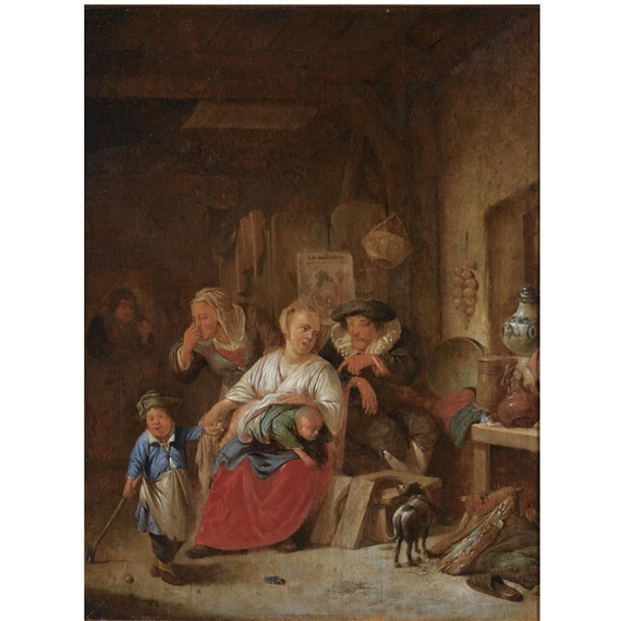 Cornelis Bega | A barn interior with a peasant family | MutualArt