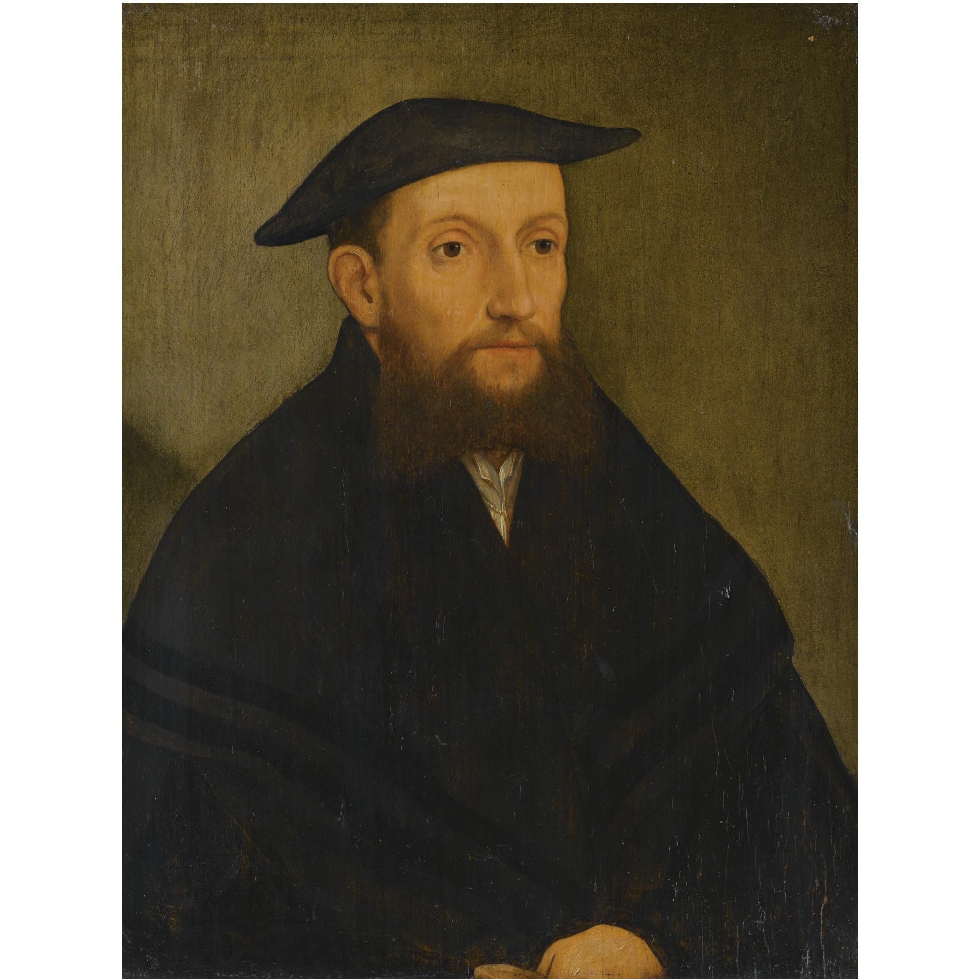 Georg Pencz | Portrait of a bearded gentleman, half length, wearing a ...