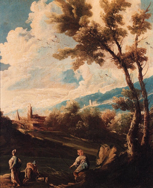 Alessandro Magnasco | A wooded river landscape with an angler and ...